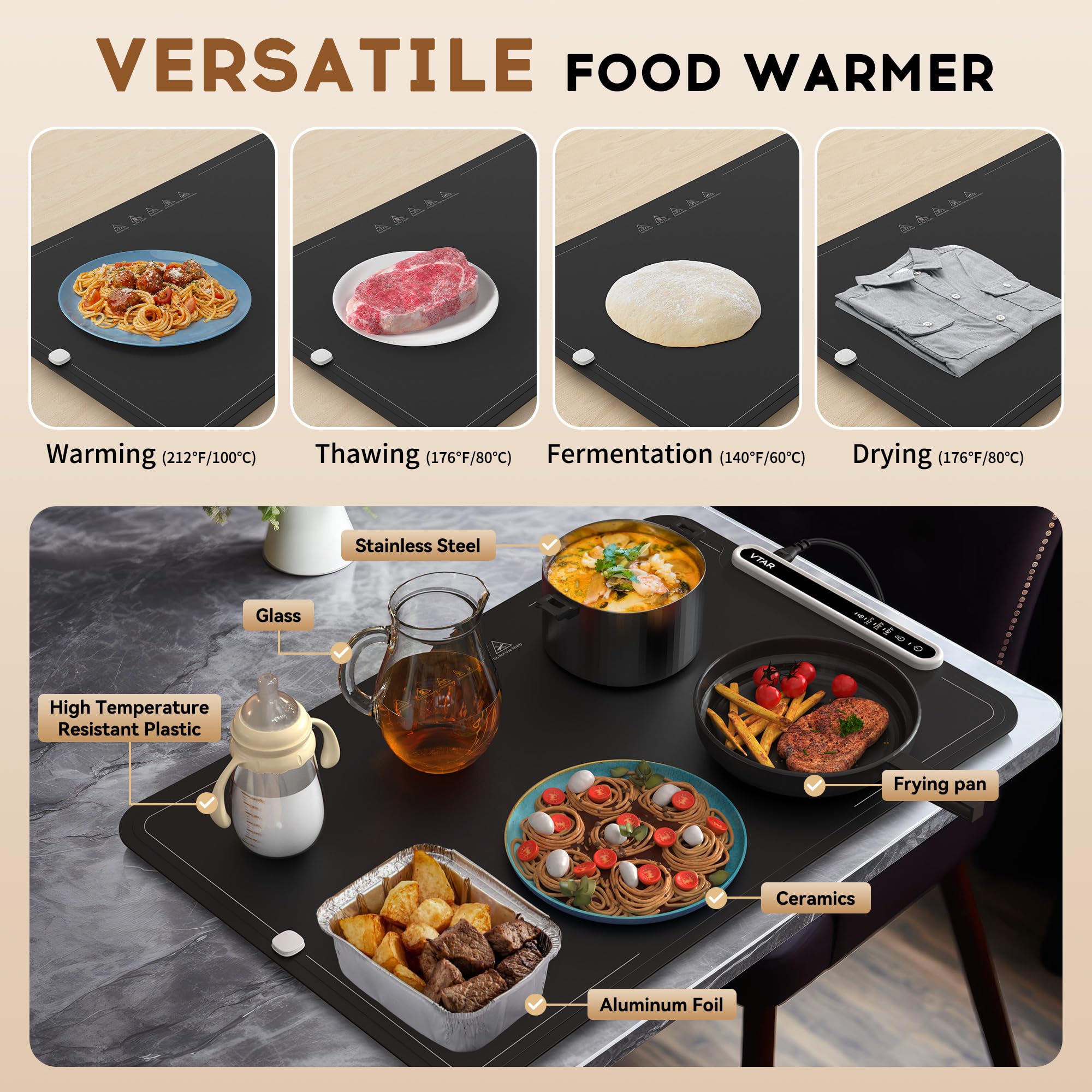 VTAR Electric Food Warming Mat Tray Warmer for Party Buffet Servers Hot Logic Heating Heater Full Surface Keep Warm, Rollable Portable, Premium Silicone, 3 Temperature Set, Auto Shut Off - Black