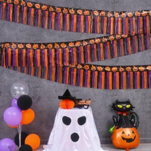 mega-l halloween party decorations, 2 packs 39 feet foil fringe banner tinsel streamers, orange purple black pumpkin metallic hanging backdrop garland table skirts for indoor house car parade floats