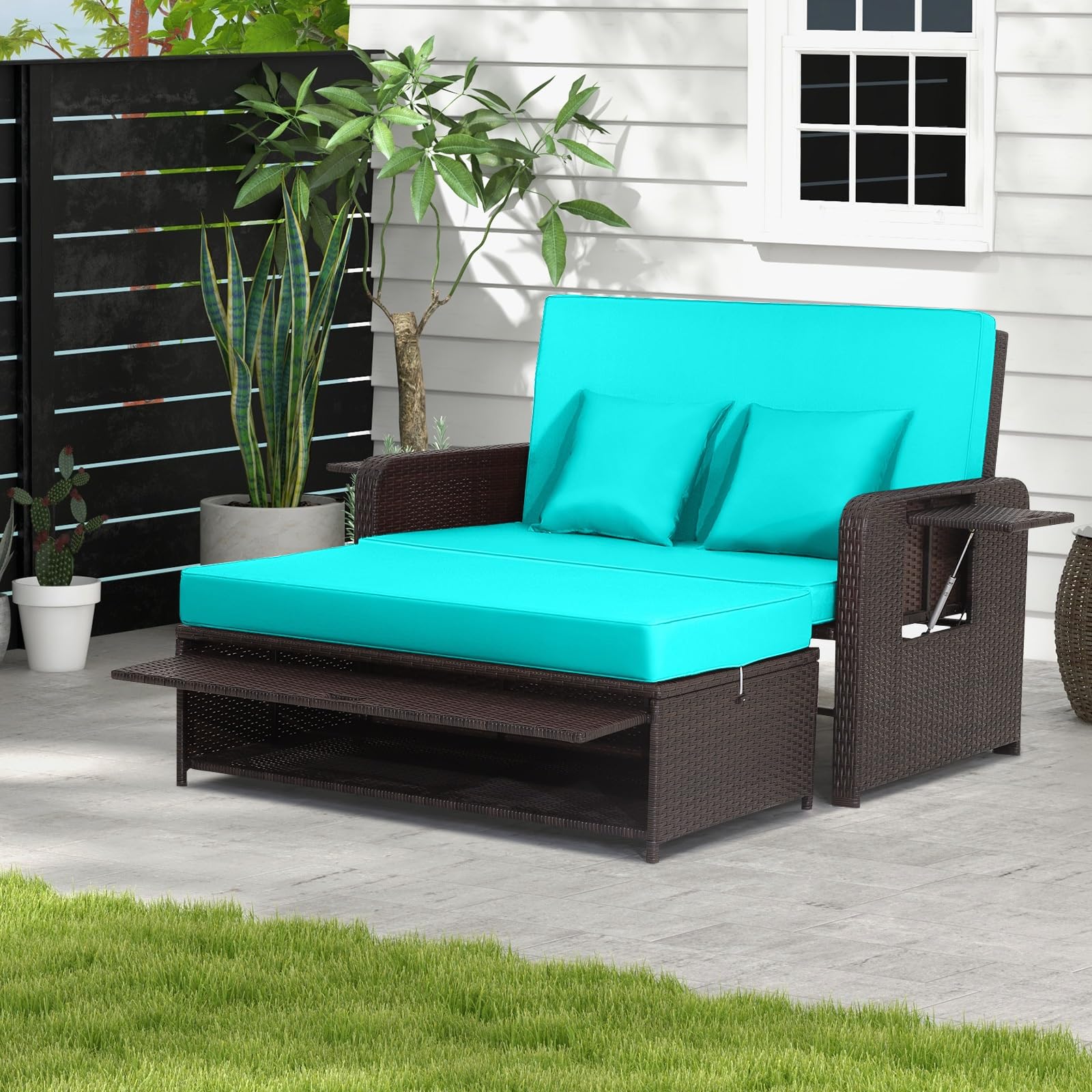 RELAX4LIFE Wicker Patio Outdoor Daybed - Rattan Day Bed Lounger with Loveseat & Storage Ottoman, Sunbed Sofa Set w/Cushions, 4-Level Adjustable Backrest & 2 Retractable Trays, Patio Daybed (Turquoise)