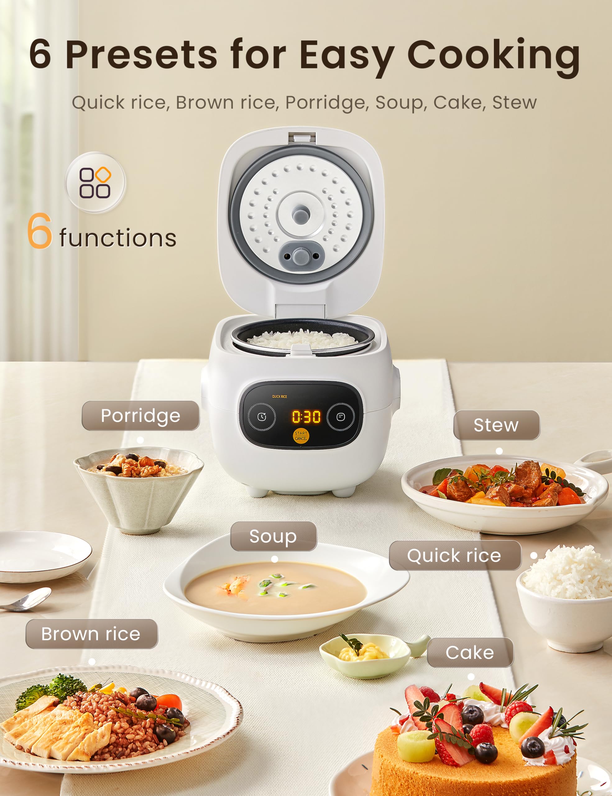 COMFEE' Mini Rice Cooker 4 Cups Cooked/2 Cups Uncooked, Portable Non-Stick rice maker, 24 hours Timer Delay, 6 Functions, Fast Cooker, Brown Rice, Oatmeal, White