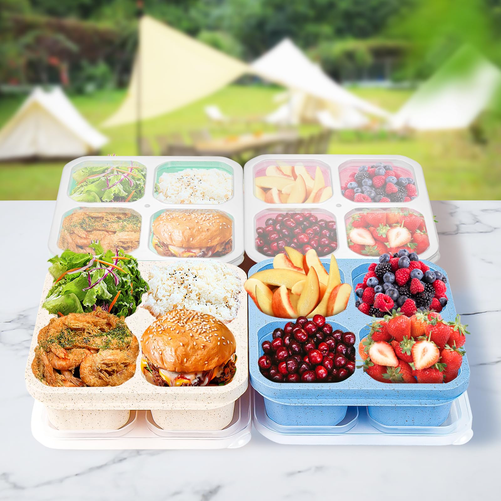 8Pcs Snack Containers Set, Plastic 4 Compartments Bento Boxes Reusable Meal Prep Lunch Container with Utensil & Transparent Lids, Wheat Straw Divided Food Storage for Kid Adult To Travel Picnic