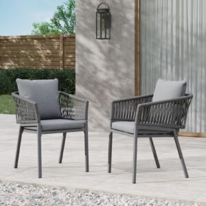 sunsitt patio dining chairs set of 2, outdoor aluminum dining chairs with woven rope, all-weather patio arm chairs w/cushions, porch, garden and deck, dary grey