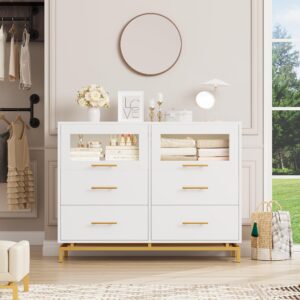 HITHOS White Dresser, 6 Drawer Double Tall Dresser for Bedroom with Fluted Glass Door, Wide Wood Chest of Drawers, Modern Gold Storage Dresser with Sturdy Metal Base for Living Room, Entrway, Hallway