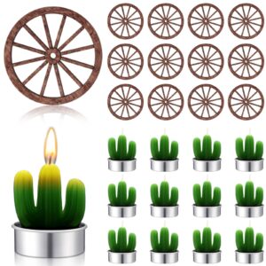 junkin 24 pcs western theme party decorations birthday table centerpieces mini cactus candles horseshoes wagon wheels horse rodeo decor for crafts wedding party favor (cactus candles, wagon wheels)