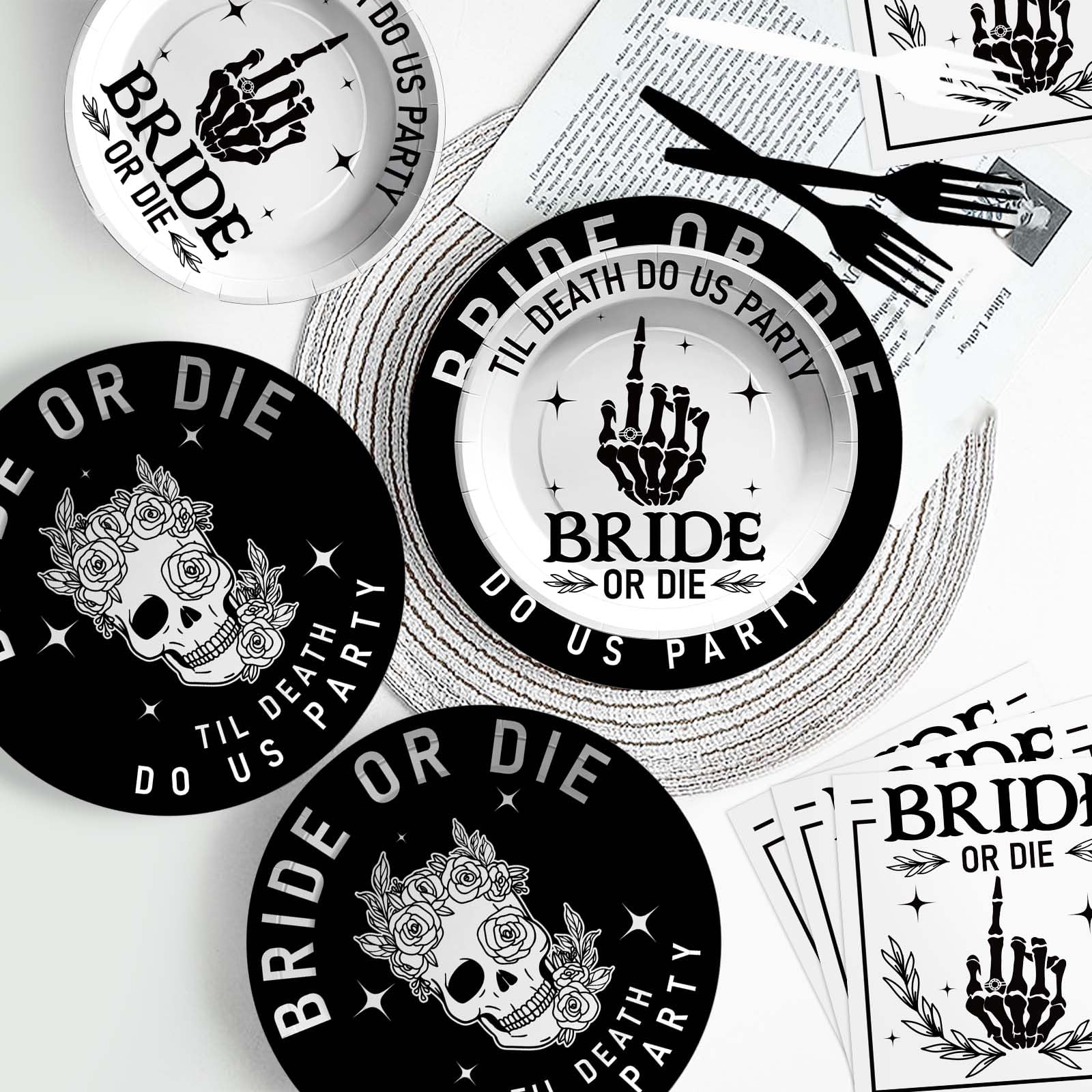 Bride or Die Bachelorette Party Decorations Tableware Se,96pcs Til Death Do Us Party Pater Plates and Napkins Skull Gothic for Bridal Shower Halloween Bachelorette Birthday Party Supplies Serves 24