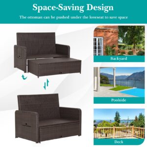 RELAX4LIFE Wicker Patio Outdoor Daybed - Rattan Day Bed Lounger with Loveseat & Storage Ottoman, Sunbed Sofa Set w/Cushions, 4-Level Adjustable Backrest & 2 Retractable Trays, Patio Daybed (Turquoise)