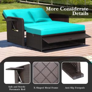 RELAX4LIFE Wicker Patio Outdoor Daybed - Rattan Day Bed Lounger with Loveseat & Storage Ottoman, Sunbed Sofa Set w/Cushions, 4-Level Adjustable Backrest & 2 Retractable Trays, Patio Daybed (Turquoise)