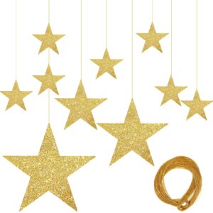 24pcs gold cardboard stars shining cutouts paper stars glitter hanging stars decorations confetti cutouts star wall decor 6/12/20/30cm & 50m hanging line for valentine's day movie night party decor