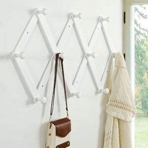 Dseap Expandable Coat Rack (Larger Version) - 24” High, Anti-Slip, Ultra Heavy Duty Wooden Accordian Wall Hanger with 10 Study Peg Hooks for Clothing Hats Jackets Bags, White