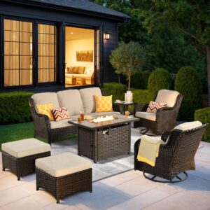 hooowooo patio furniture set,7 piece outdoor furniture set with fire pit table,wicker patio conversation couch swivel chairs ottoman set,beige