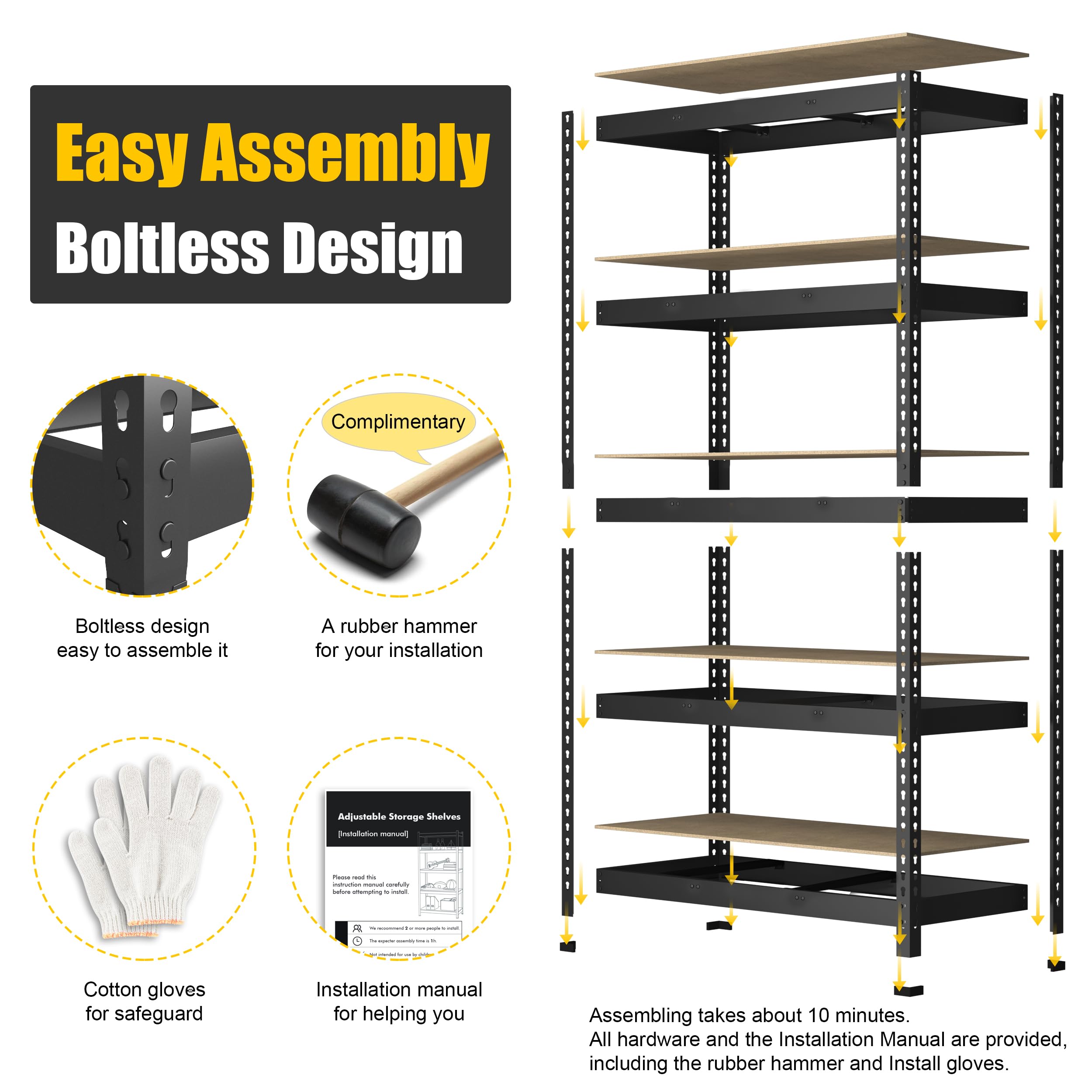 PrimeZone 48" x 24" x 72" Heavy Duty Storage Shelves - 5 Tier Adjustable Garage Storage Shelving, Metal Storage Utility Rack Shelf Unit for Warehouse Pantry Closet Kitchen, Black