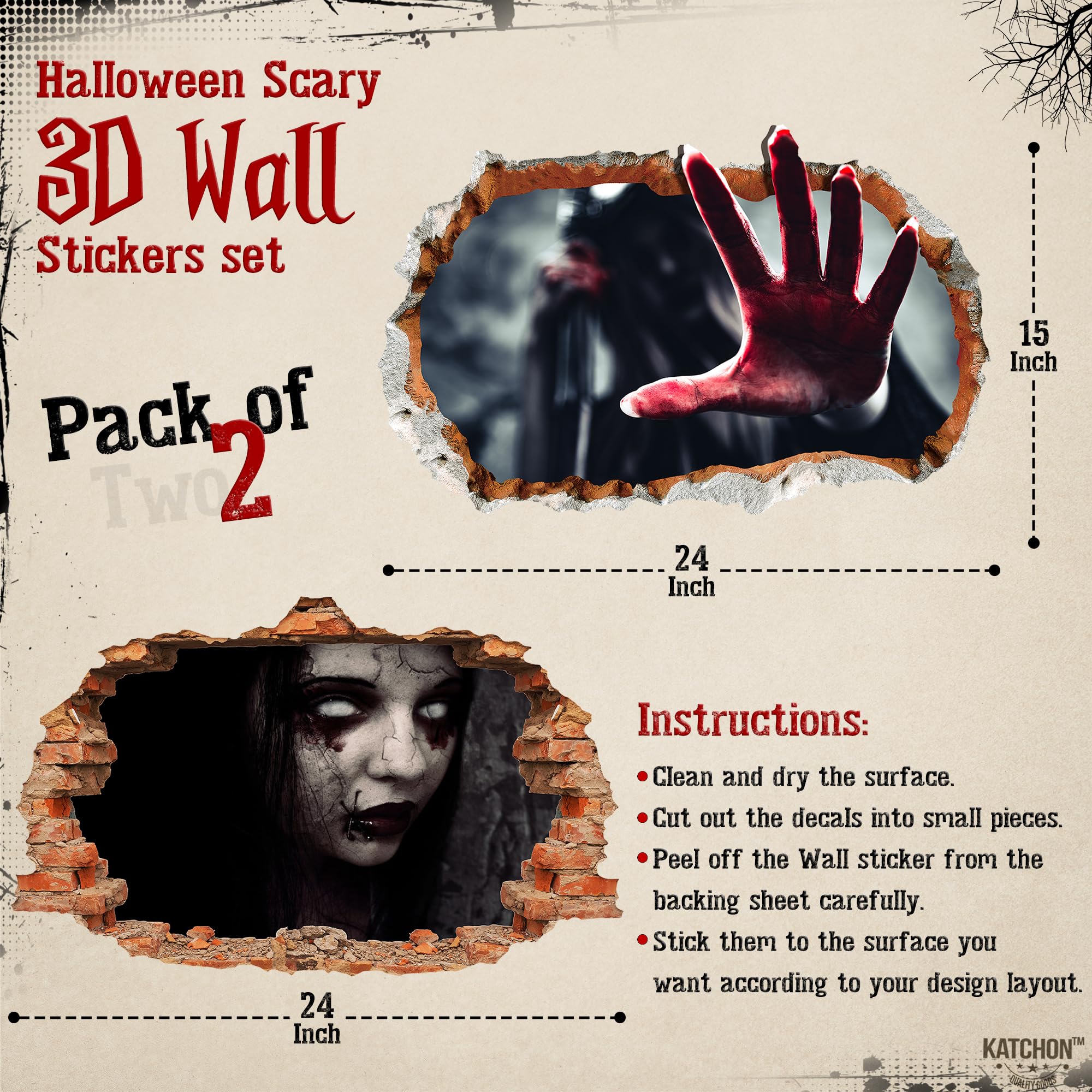 KatchOn, 3D Halloween Wall Decals - Large 24 Inch, Pack of 2 | Scary 3D Halloween Wall Stickers, Halloween Decorations Indoor | Halloween Stickers, Halloween Wall Decorations | Halloween Decorations