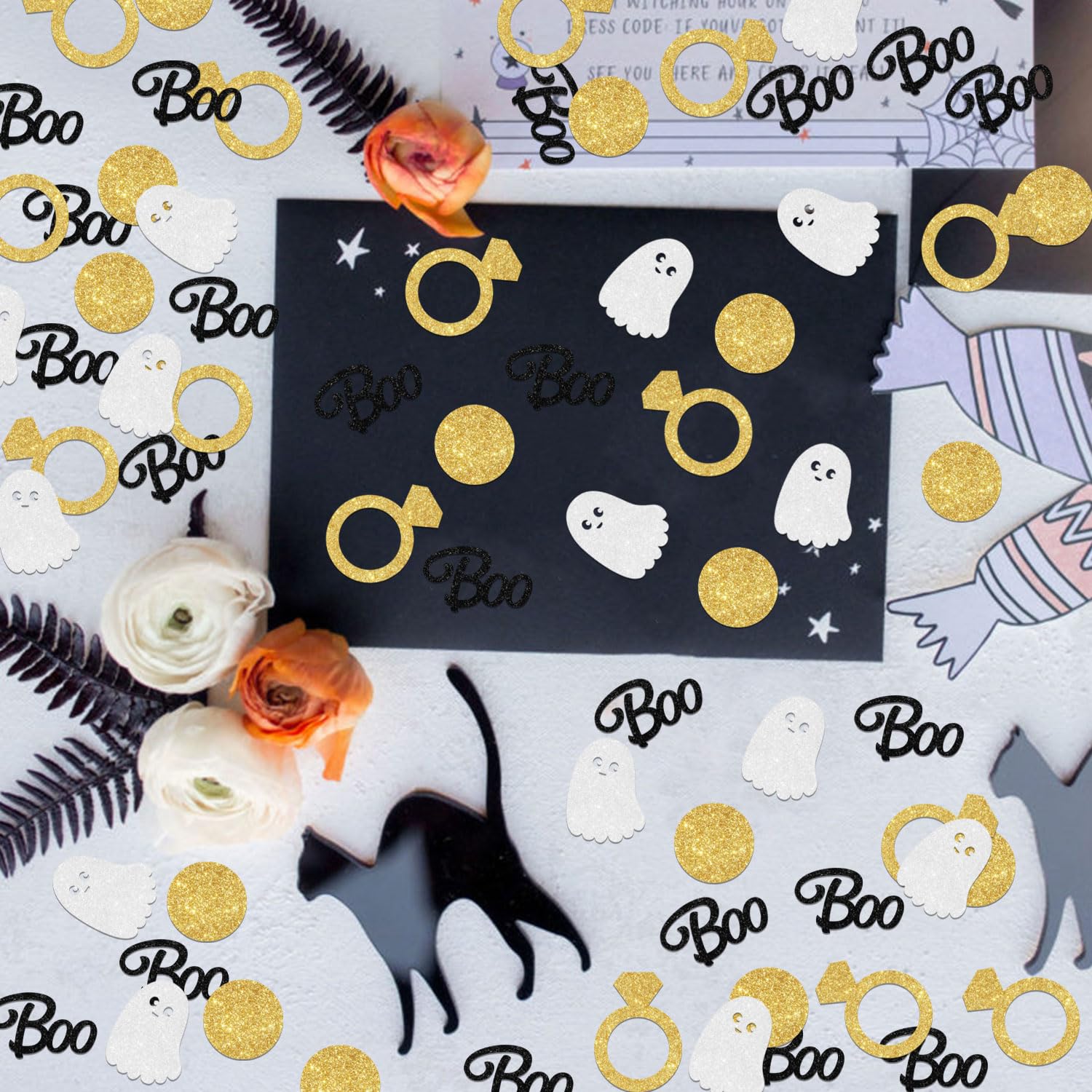 200Pcs Halloween She Found Her Boo Themed Bridal Shower Confetti Gold Black Ghost Diamond Ring Confetti Halloween Table Decorations for Halloween Bridal Shower Engagement Wedding Party Decor Supplies