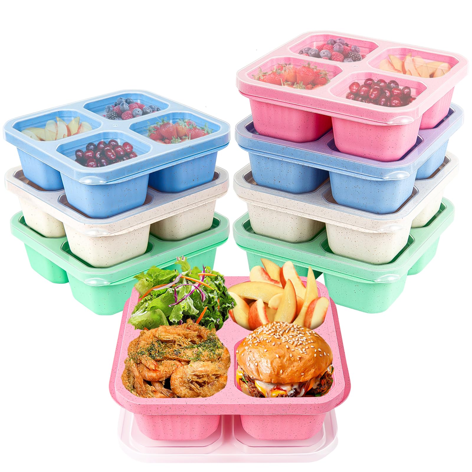 8Pcs Snack Containers Set, Plastic 4 Compartments Bento Boxes Reusable Meal Prep Lunch Container with Utensil & Transparent Lids, Wheat Straw Divided Food Storage for Kid Adult To Travel Picnic