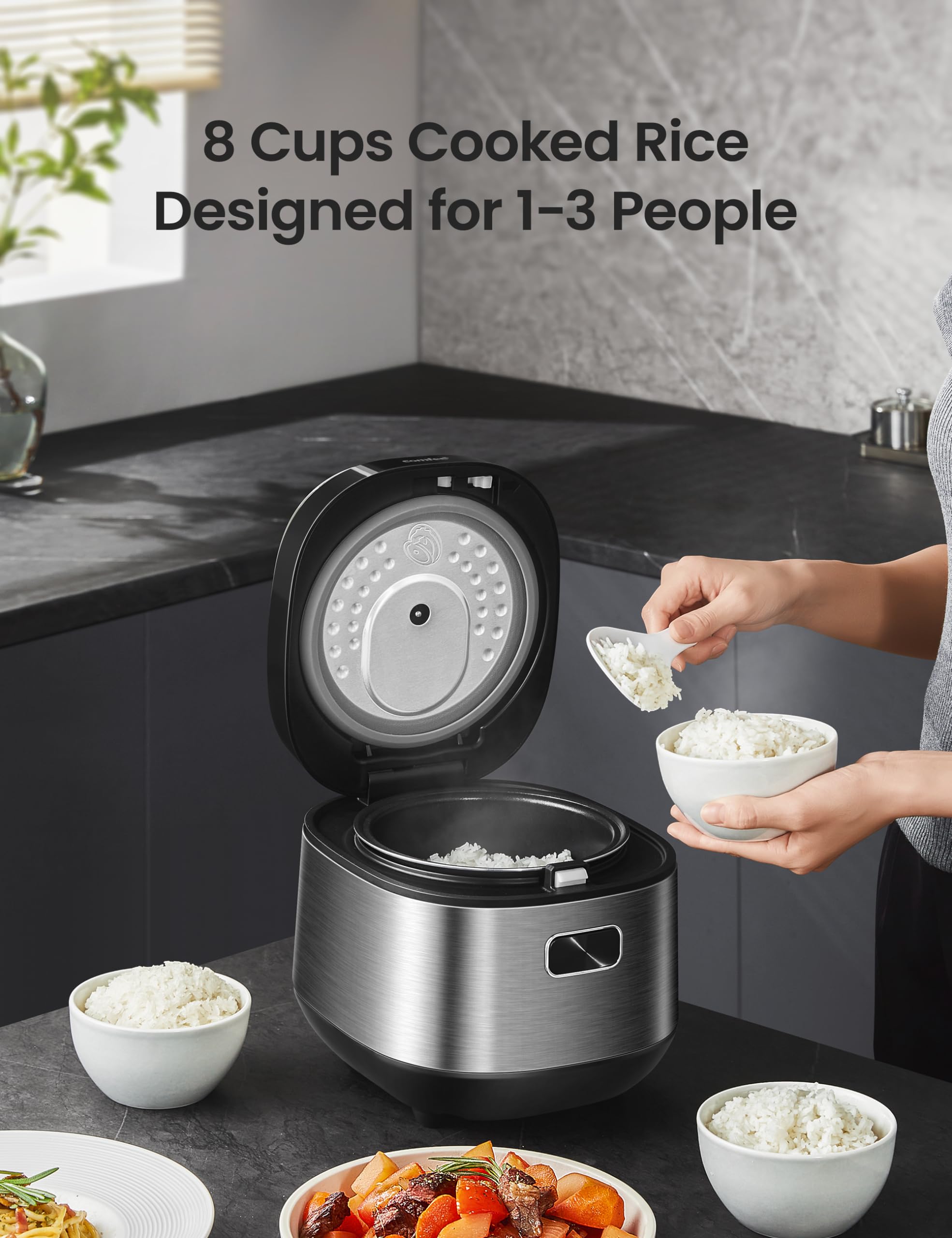 COMFEE' Compact Rice Cooker 8 Cups Cooked/4 Cups Uncooked, 9-in-1 Multi Cooker, Fast Rice Maker, Steam, Brown Rice, Grains, Fuzzy Logic Technology, Grey