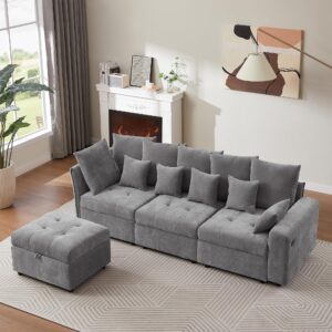 P PURLOVE Modern Sectional Sofa with Convertible Ottoman, Chenille 4-Seat L-Shape Couch with Pillows for Living Room, Apartment, Office, 3 USB Ports (Grey)