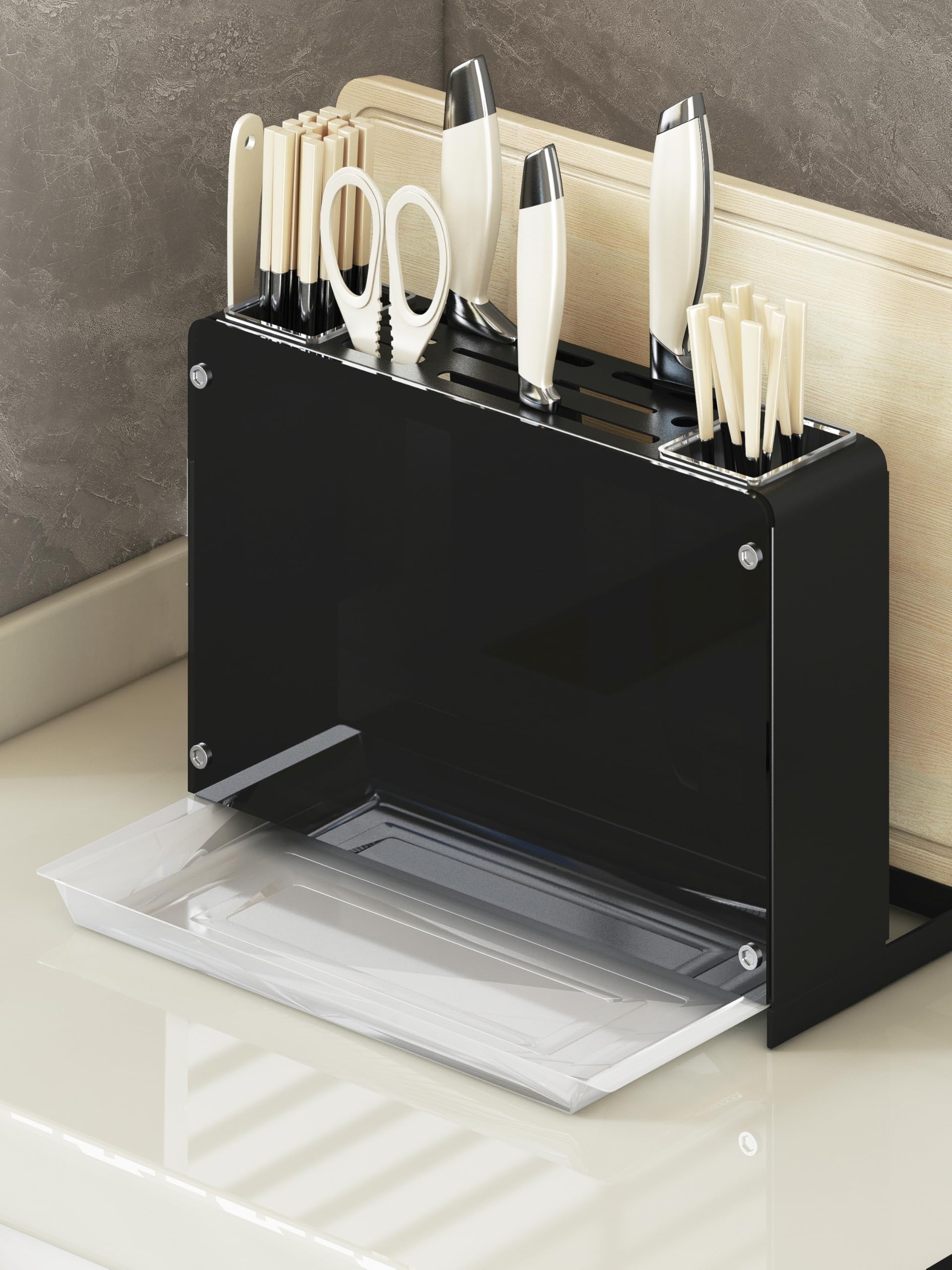 Universal knife holder, kitchen knife holder, storage rack, kitchen utensil rack, cutting board rack, pot cover bracket with anti slip pad suitable for countertop cabinets (black)