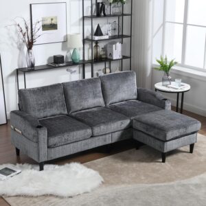 Gsxiyosen 77" Chenille Room Sectional Sofa, Convertible L Shaped 3-Seat Bench Sofa Couch with Storage Chaise Upholstered Couches,Comfy Polyester Upholstered Sofa Sleeper for Bedroom, Office (Grey)