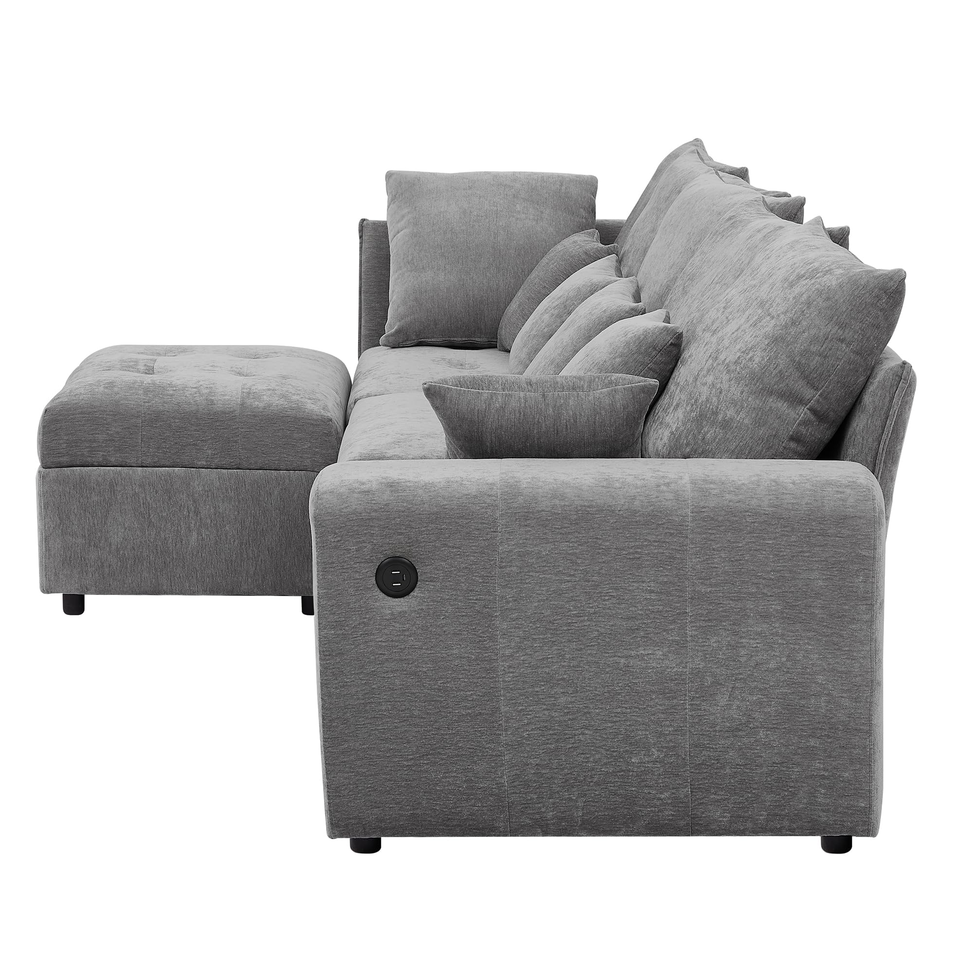 P PURLOVE Modern Sectional Sofa with Convertible Ottoman, Chenille 4-Seat L-Shape Couch with Pillows for Living Room, Apartment, Office, 3 USB Ports (Grey)