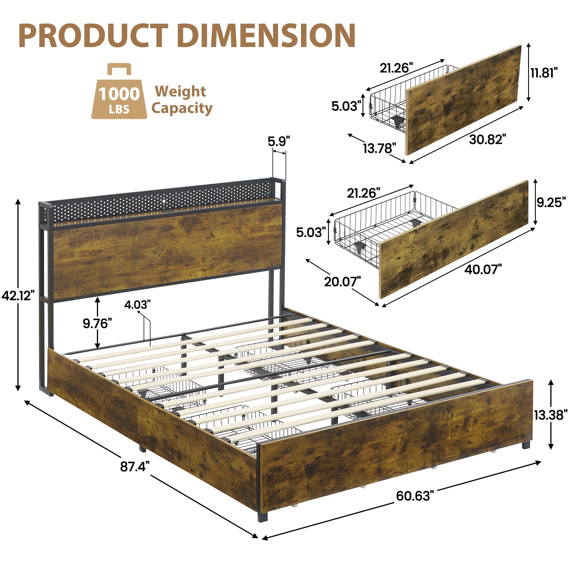 IDEALHOUSE Queen Bed Frame with Headboard, Metal Platform Bed Frame with 6 Storage Drawers, Queen Size Bed Frame with Charging Station & LED, Noise-Free, Wood Slats Support, No Box Spring Needed, Vint