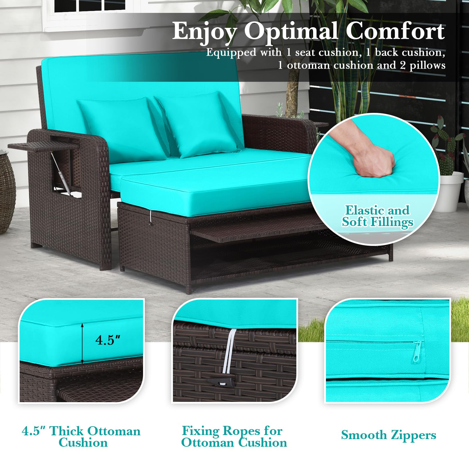 RELAX4LIFE Wicker Patio Outdoor Daybed - Rattan Day Bed Lounger with Loveseat & Storage Ottoman, Sunbed Sofa Set w/Cushions, 4-Level Adjustable Backrest & 2 Retractable Trays, Patio Daybed (Turquoise)