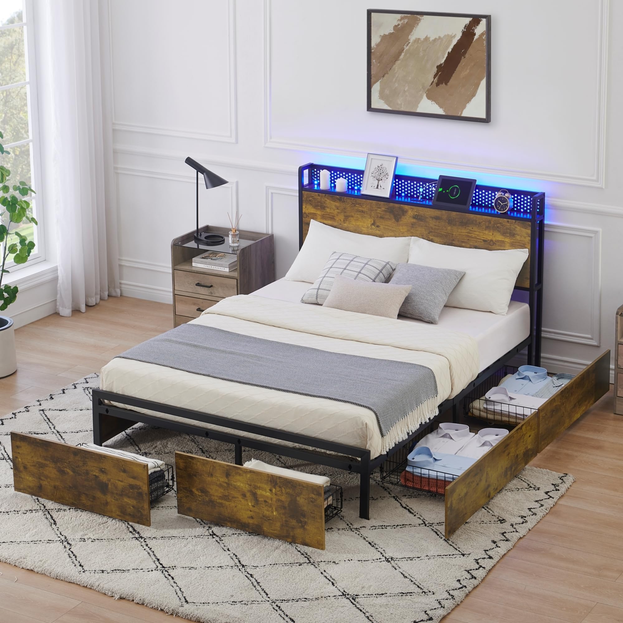 IDEALHOUSE Queen Bed Frame with Headboard, Metal Platform Bed Frame with 6 Storage Drawers, Queen Size Bed Frame with Charging Station & LED, Noise-Free, Wood Slats Support, No Box Spring Needed, Vint