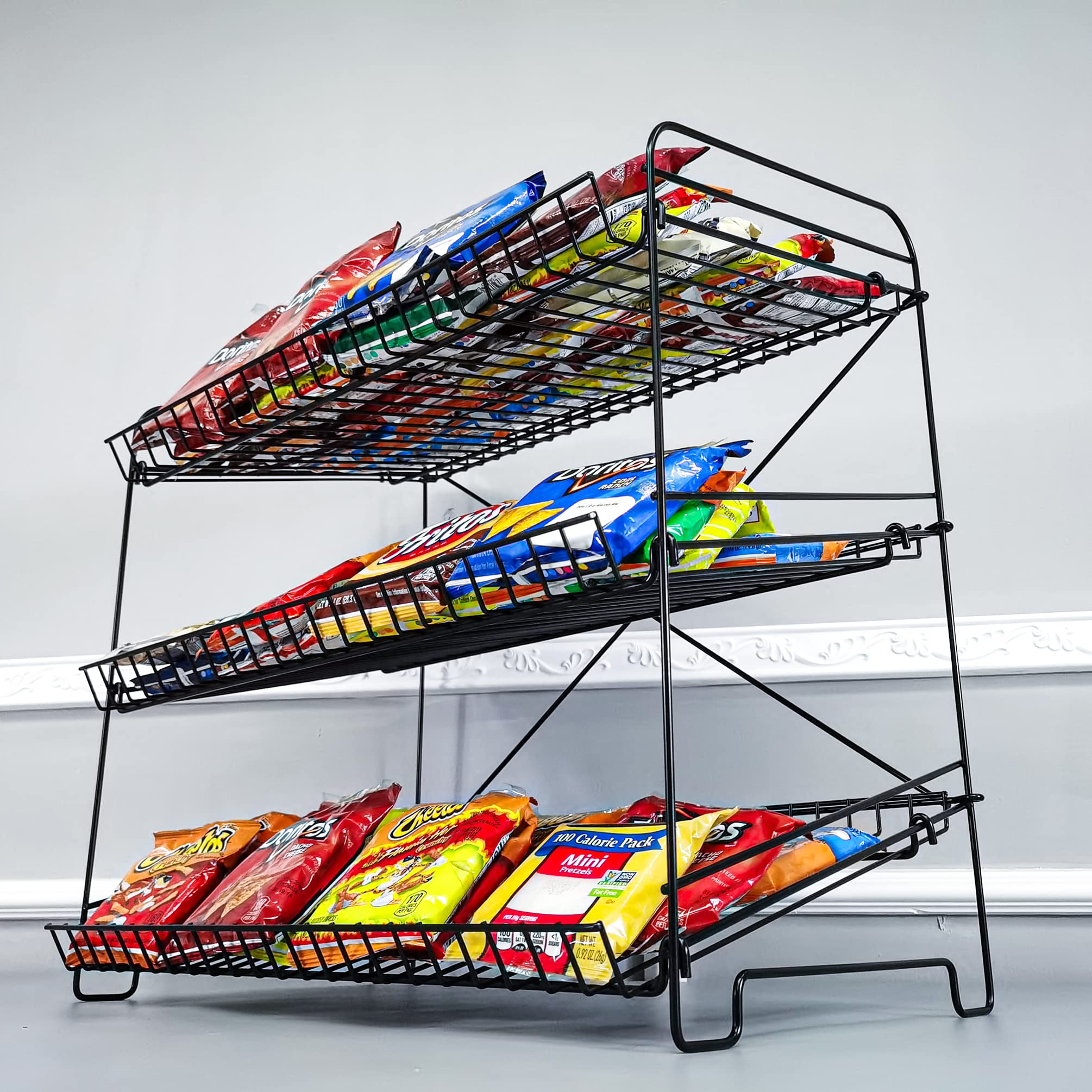 FixtureDisplays® 24" Wide X 14.9" Deep X 23.2" Tall 3-Open-Shelf Wire Rack for Countertop Chips Snack Book Display Organizer Concession Theatre Kitchen Pantry Stand Black 19396-NEW-NF