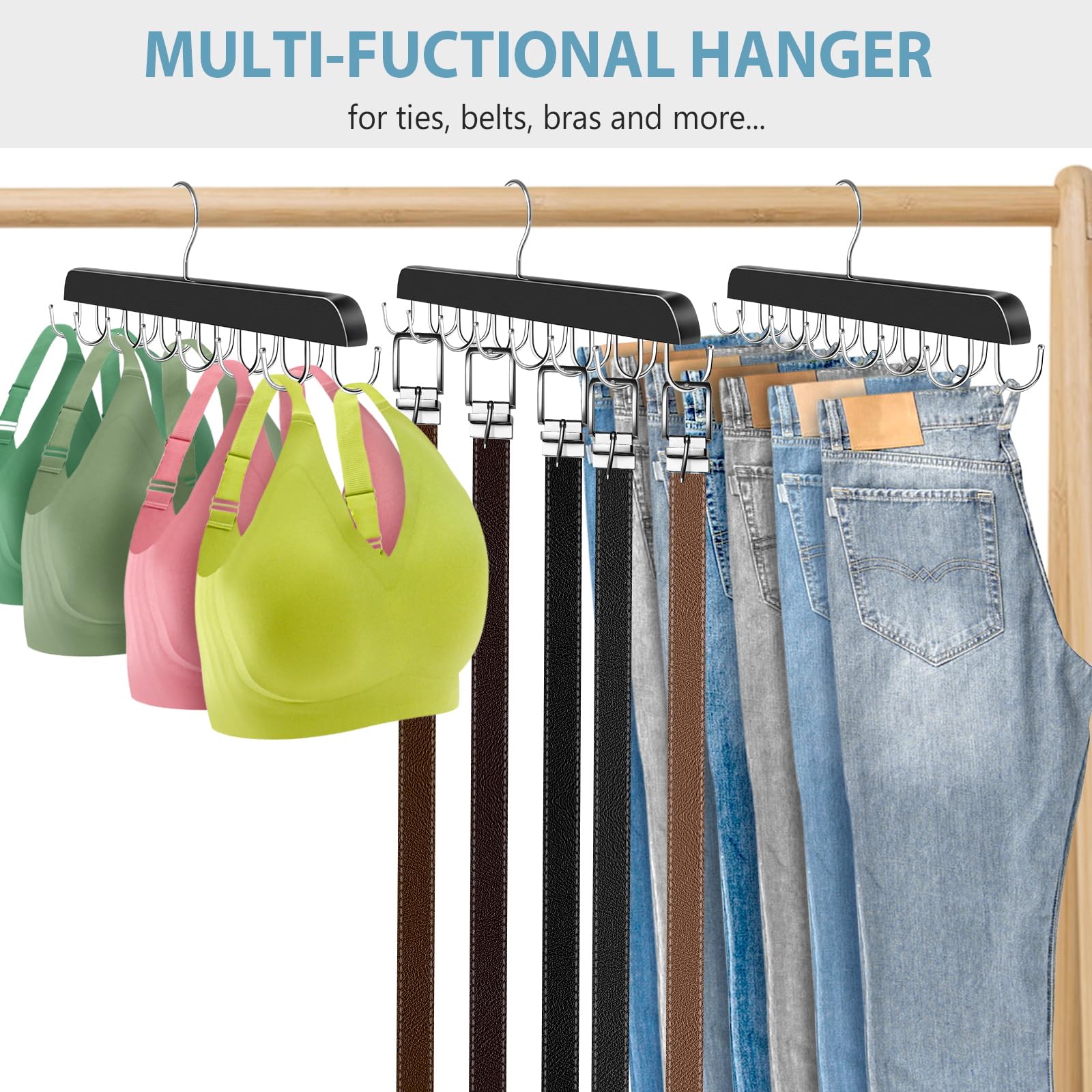 Jean Organizer for Closet, Jeans Hanger, 14 Hooks Wood Hanger for Jeans, Pants Hangers Space Saving-1 Pack