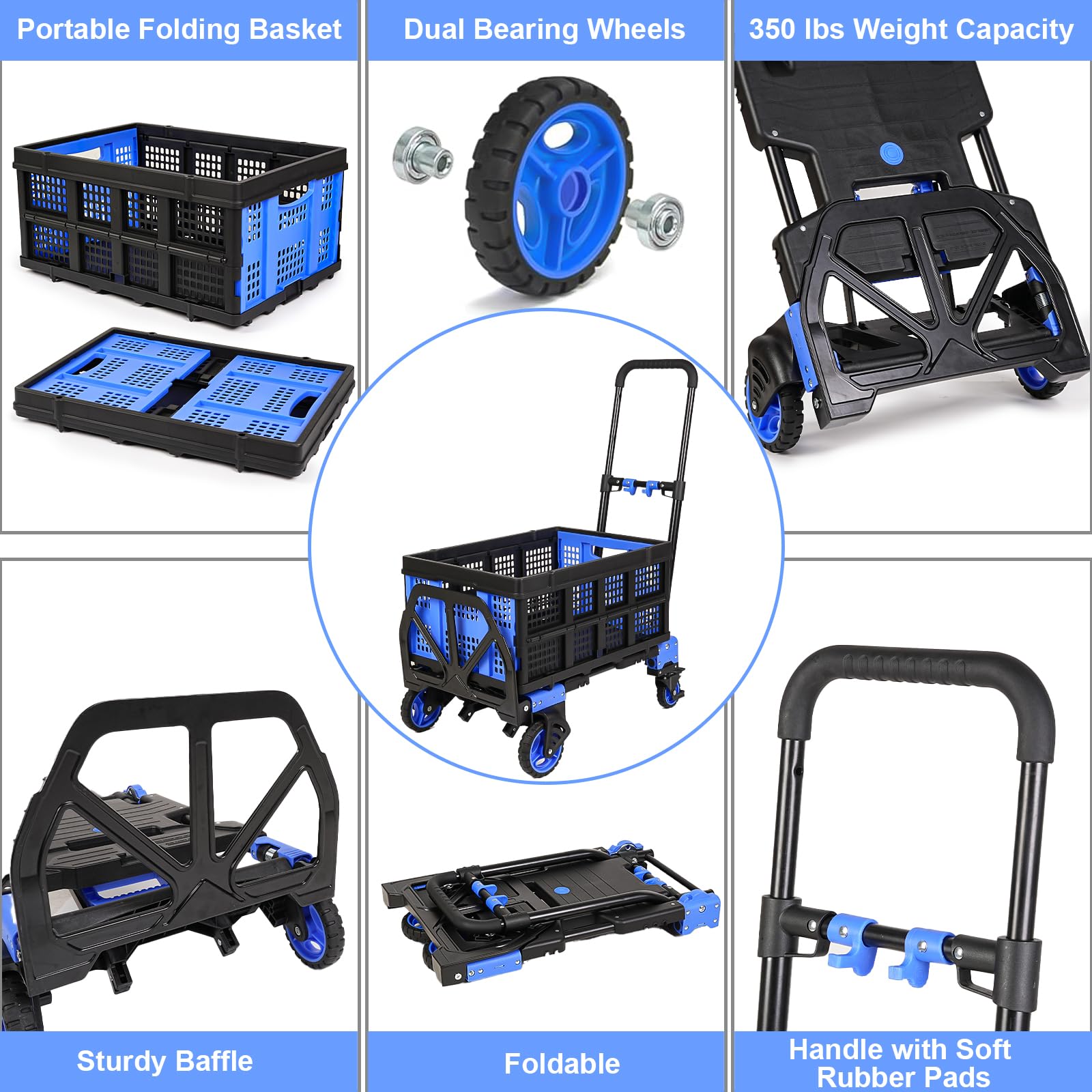 ITEFDTUTNE 2 in 1 Folding Hand Truck Dolly with Basket,330LBS Capacity Hand Cart Foldable, Folding Dolly Cart with Wheels, Collapsible Dolly, Hand Truck Foldable Dolly with Retractable Handle