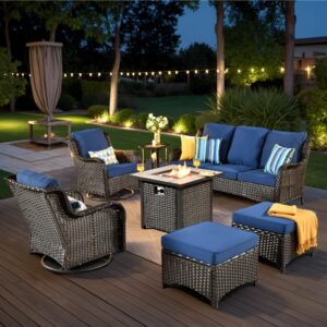 hooowooo patio furniture set,7 piece outdoor furniture set with fire pit table,wicker patio conversation couch swivel chairs ottoman set,navy blue