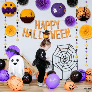 KatchOn, Happy Halloween Decorations - Pack of 14 | Halloween Pompom, Halloween Party Decorations | Halloween Lanterns, Hanging Halloween Decorations | Purple and Black Halloween Theme Party Supplies