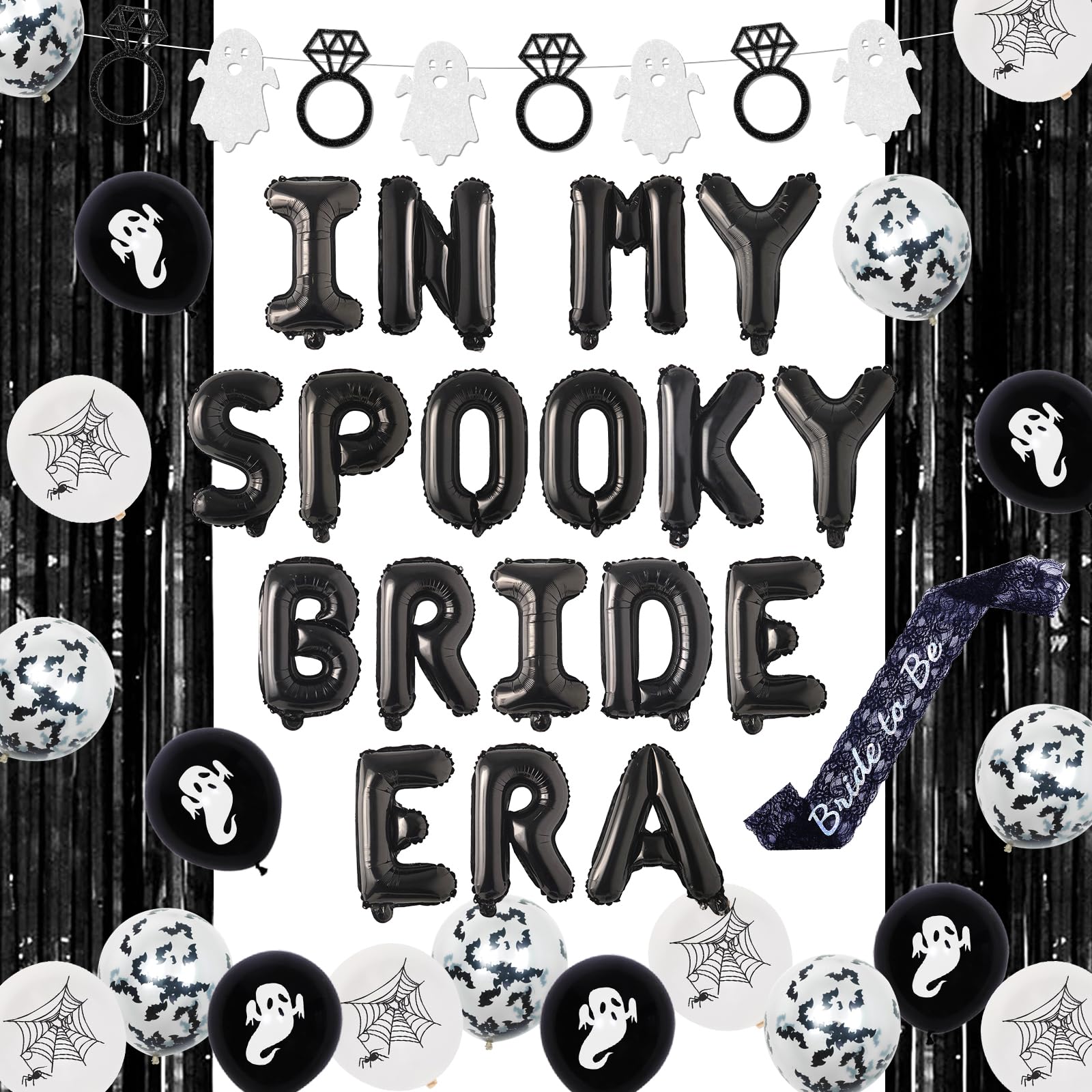 In My Spooky Bride Era Bachelorette Party Decoration Black In My Spooky Bride Era Balloon Banner Diamond Ghost Garland Black Foil Curtain Bride to Be Sash for Bridal Shower Engagement Wedding Supplies