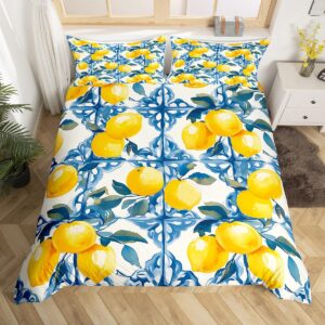 feelyou lemon kids duvet cover queen size, yellow lemon bedding set fruit comforter cover blue boho bedspread cover kids room decor breathable quilt cover (no comforter)