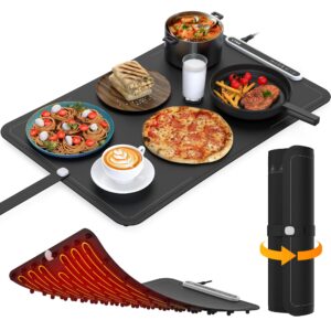 vtar electric food warming mat tray warmer for party buffet servers hot logic heating heater full surface keep warm, rollable portable, premium silicone, 3 temperature set, auto shut off - black