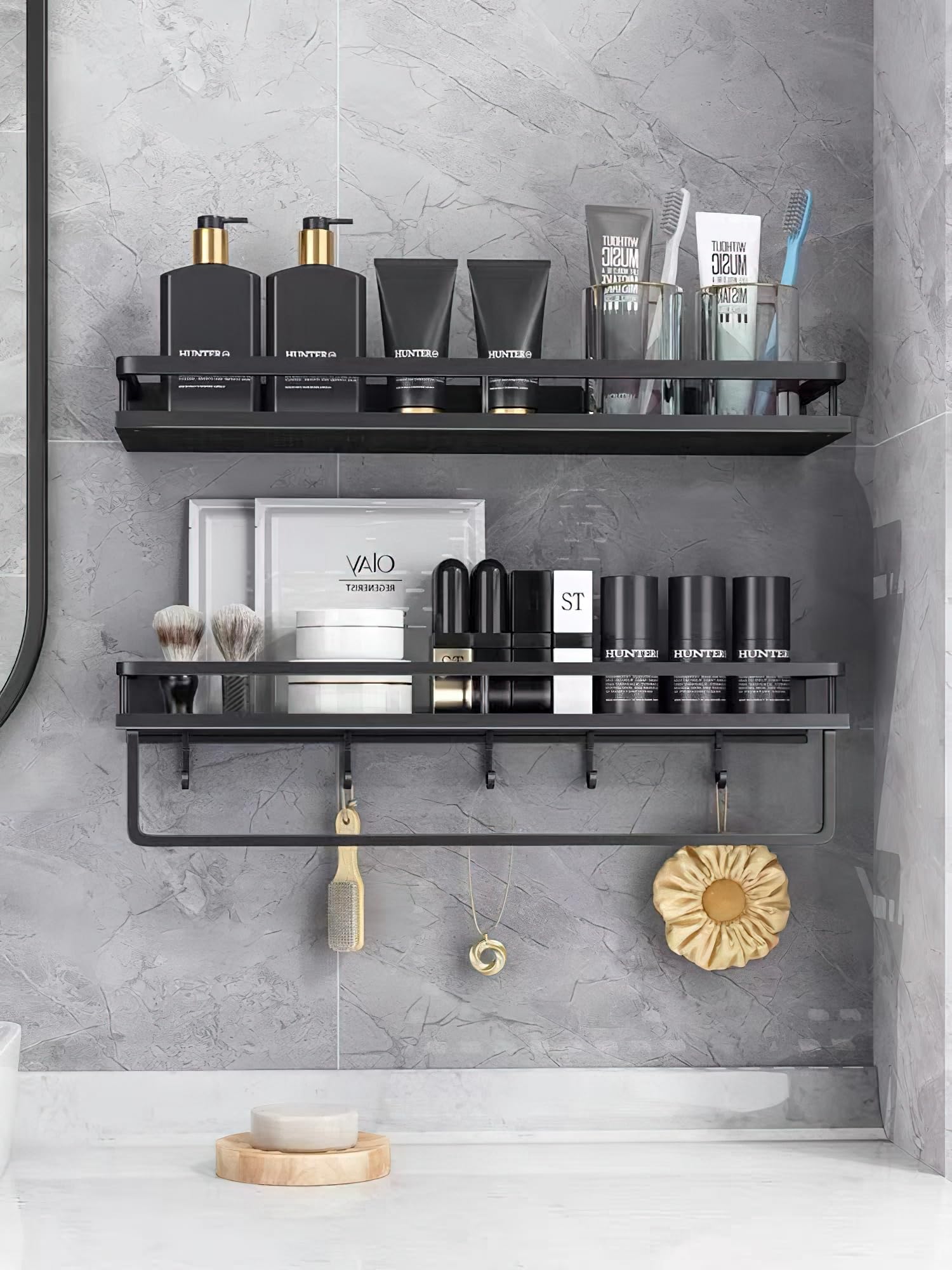 Z metnal Shower Shelves with Towel Bar & Hooks, Small Floating Wall Shelves for Kitchen, Adhesive Shower Caddy Organizer Basket, 16 inch, No Drilling or Wall Mounted, Black,2 pcs