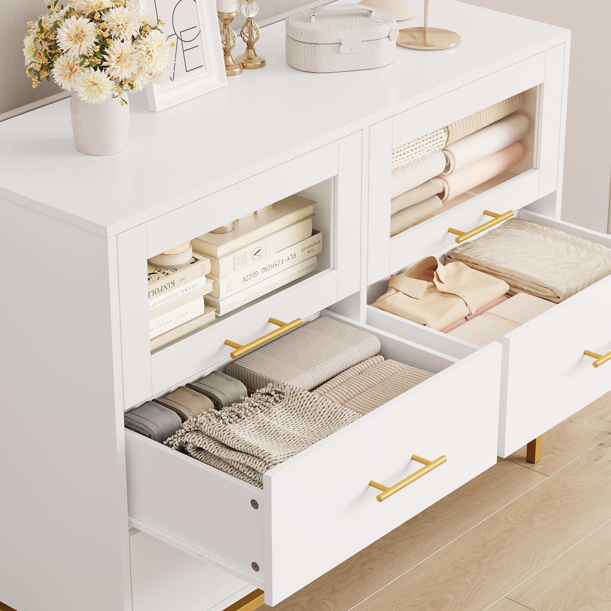 HITHOS White Dresser, 6 Drawer Double Tall Dresser for Bedroom with Fluted Glass Door, Wide Wood Chest of Drawers, Modern Gold Storage Dresser with Sturdy Metal Base for Living Room, Entrway, Hallway