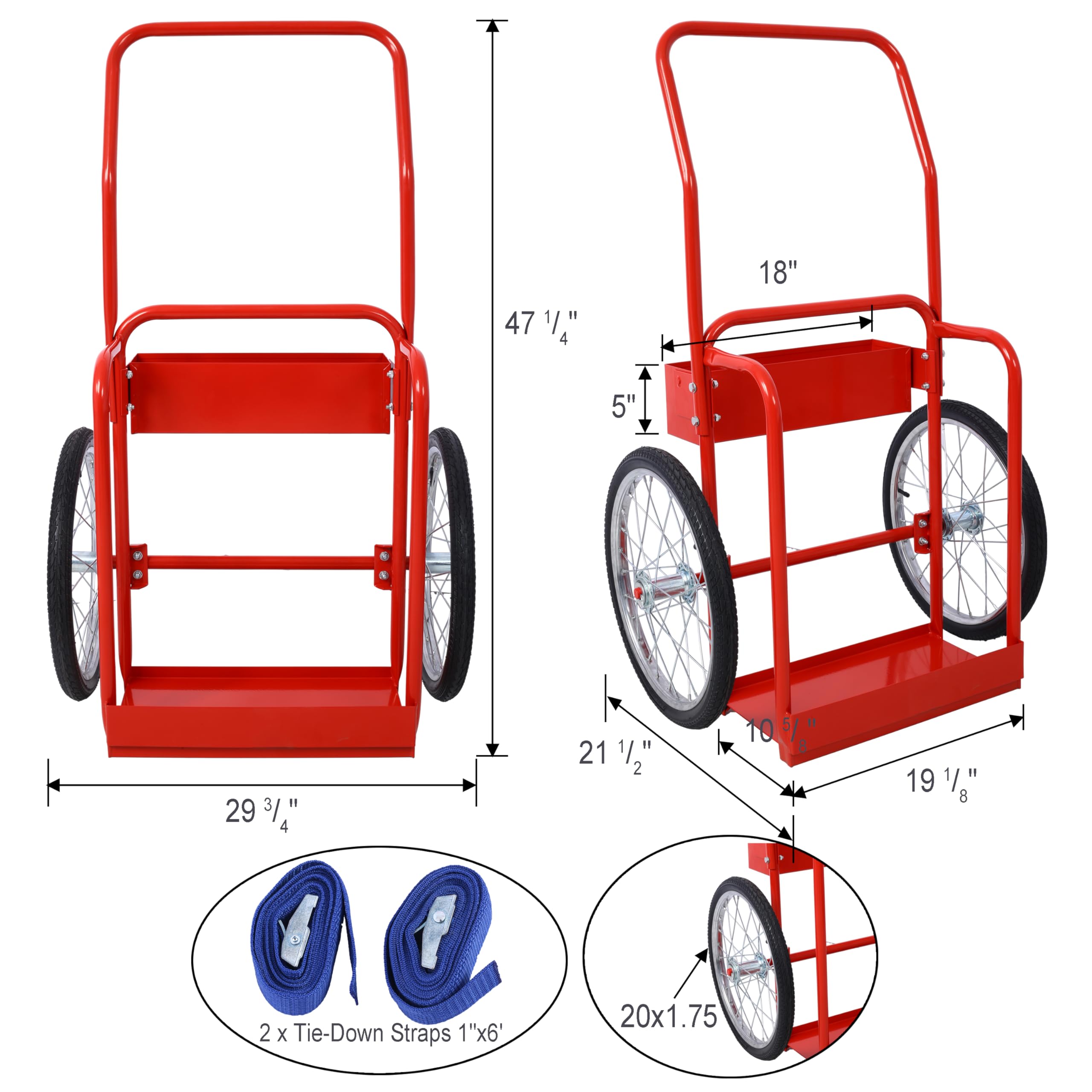 Dual Cylinder Cart Dolly Heavy-Duty Oxygen and Acetylene Tank Trolley with 20" Pneumatic Wheels 220 lb Capacity 47.2" Height, 29.7" Length, and 21.5" Width for Cylinder Tank Transport Red