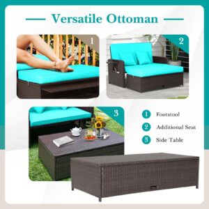 RELAX4LIFE Wicker Patio Outdoor Daybed - Rattan Day Bed Lounger with Loveseat & Storage Ottoman, Sunbed Sofa Set w/Cushions, 4-Level Adjustable Backrest & 2 Retractable Trays, Patio Daybed (Turquoise)