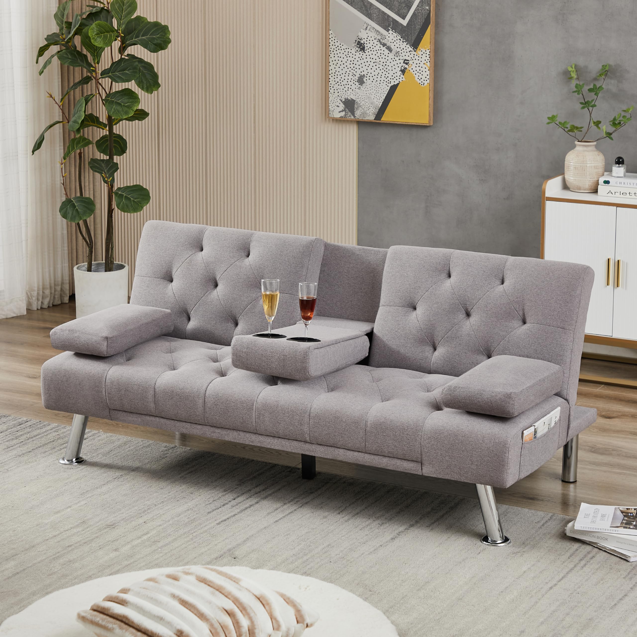 OUUI Futon Sofa Bed Modern Couches for Living Room Convertible Recliner Sleeper Sofa Loveseat with 2 Cup Holders, Removable Armrests (Light Gray)