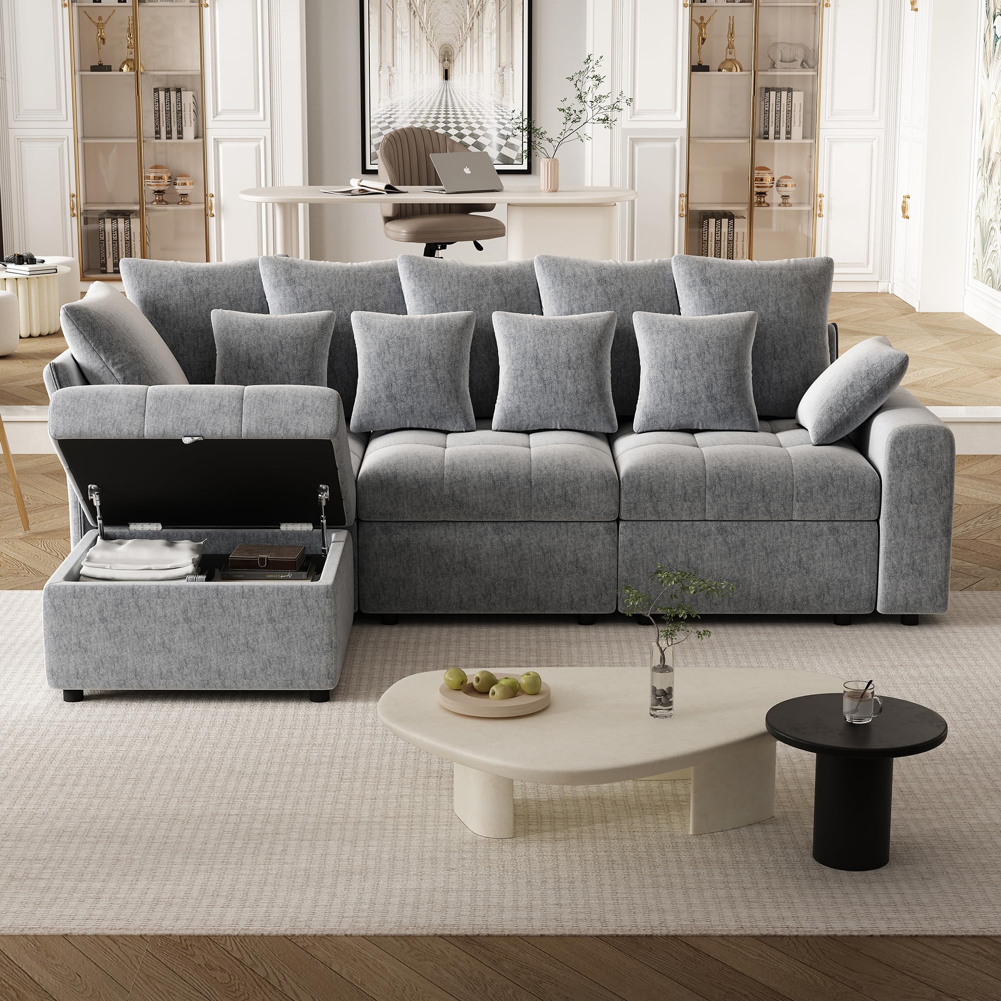 P PURLOVE Modern Sectional Sofa with Convertible Ottoman, Chenille 4-Seat L-Shape Couch with Pillows for Living Room, Apartment, Office, 3 USB Ports (Grey)