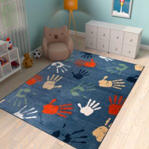 orian rugs playroom handprints rug - blue 4 x 6 abstract indoor kids area rug