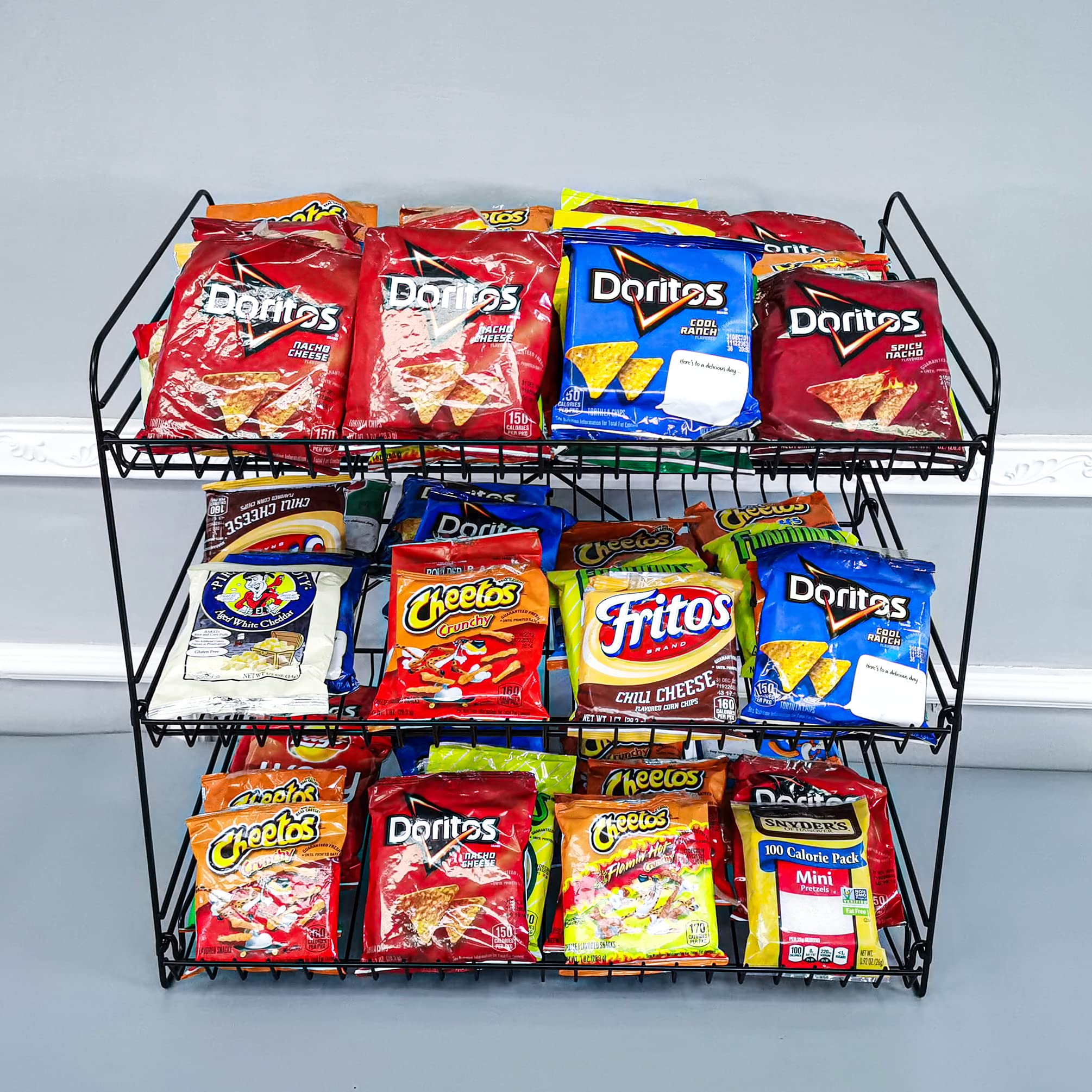 FixtureDisplays® 24" Wide X 14.9" Deep X 23.2" Tall 3-Open-Shelf Wire Rack for Countertop Chips Snack Book Display Organizer Concession Theatre Kitchen Pantry Stand Black 19396-NEW-NF