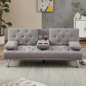 ouui futon sofa bed modern couches for living room convertible recliner sleeper sofa loveseat with 2 cup holders, removable armrests (light gray)