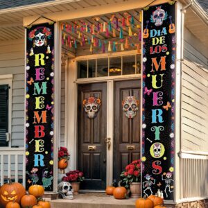 katchon, dia de los muertos porch sign banners - large, 72x44 inch | dia de los muertos door covers, dia de los muertos decorations | day of the dead door banner, day of the dead halloween decorations