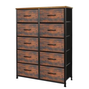 azl1 life concept dresser for bedroom with 10 fabric drawers, tall organizer units for closet, storage tower with cabinet, furniture, rustic brown