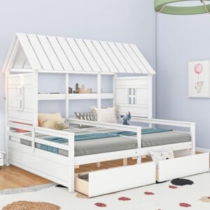 DEYOBED Wooden Double Shared Bed, Twin Size House Bed with 2 Storage Drawers Roof Design, House Platform Bed for Kids, Boys and Girls, Combination of 2 Side by Side Twin Size Beds, White