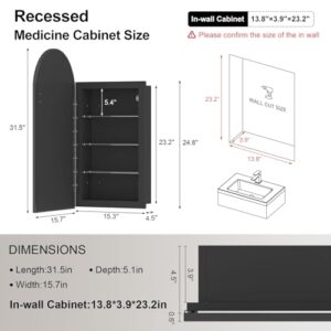 Recessed Medicine Cabinet Mirror for Bathroom,Black Arched Medicine Cabinet with Mirror,Arch Medicine Cabinet Recessed,Metal Edge Bathroom Mirror with Storage,Surface Mount Bathroom Wall Cabinet 16x31