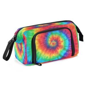 dehozo portable pencil case pen bag with zipper, rainbow art tie dye large pencil pouch pen case stationery bag for office school student, multifunctional pen box for girl boy men women