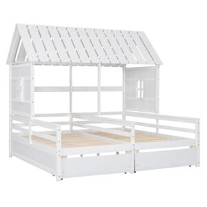 DEYOBED Wooden Double Shared Bed, Twin Size House Bed with 2 Storage Drawers Roof Design, House Platform Bed for Kids, Boys and Girls, Combination of 2 Side by Side Twin Size Beds, White