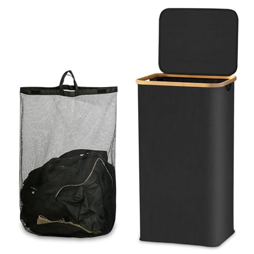 100L Large Laundry Basket with Lid, Laundry Basket with Lid and Removable Bag Tall Laundry Basket Freestanding Collapsible Laundry Hamper Collapsible Hampers for Bedroom and Bathroom (Black)